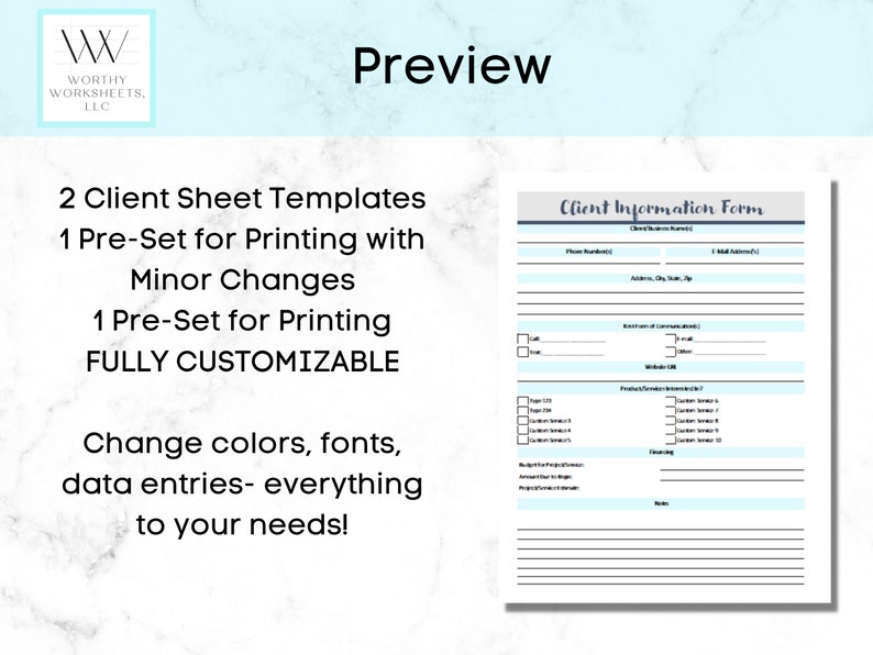 Client Sheet, Client Intake Form, Client Info Excel, Client Contract ...