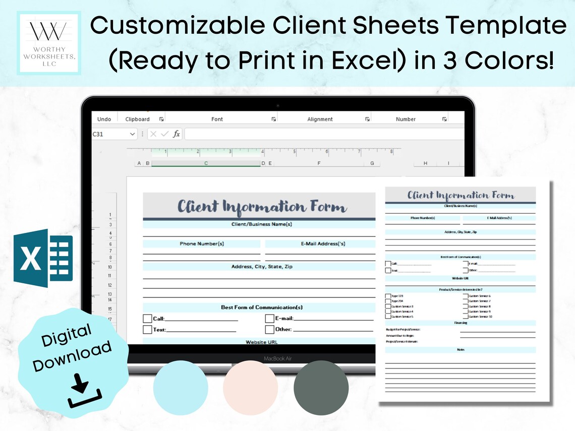 Client Sheet, Client Intake Form, Client Info Excel, Client Contract ...