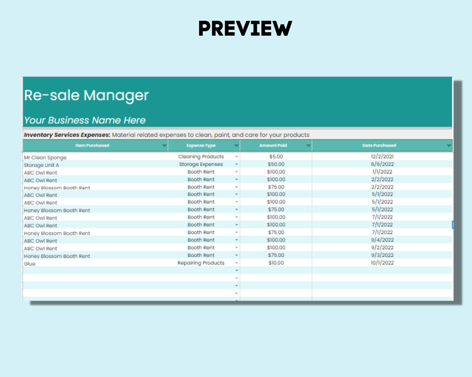 Consignment Inventory, Consignment Spreadsheet, Reseller Spreadsheet ...