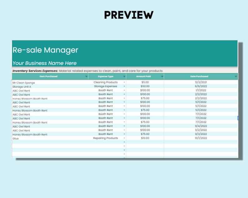 Consignment Inventory, Consignment Spreadsheet, Reseller Spreadsheet ...
