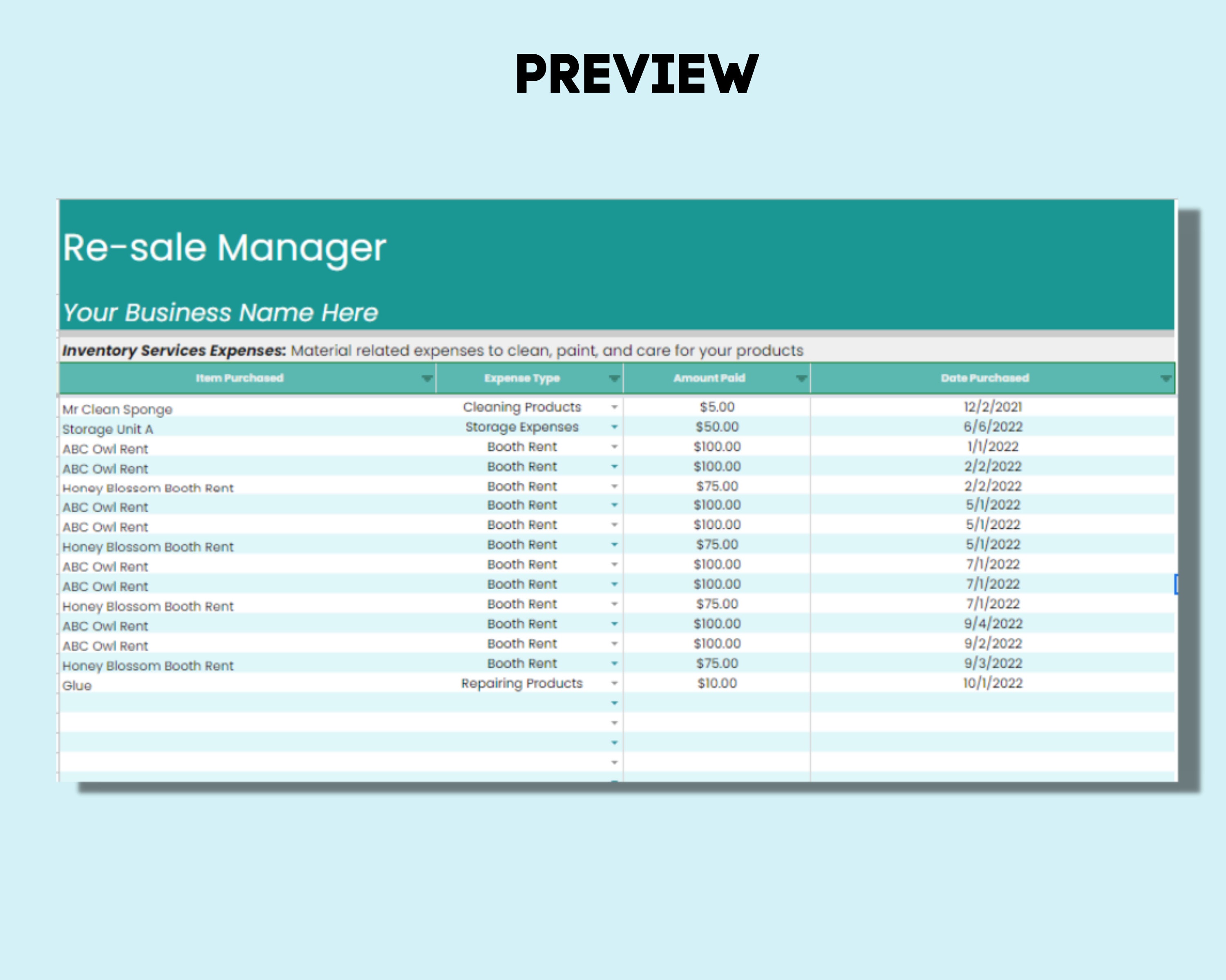 Consignment Inventory, Consignment Spreadsheet, Reseller Spreadsheet ...