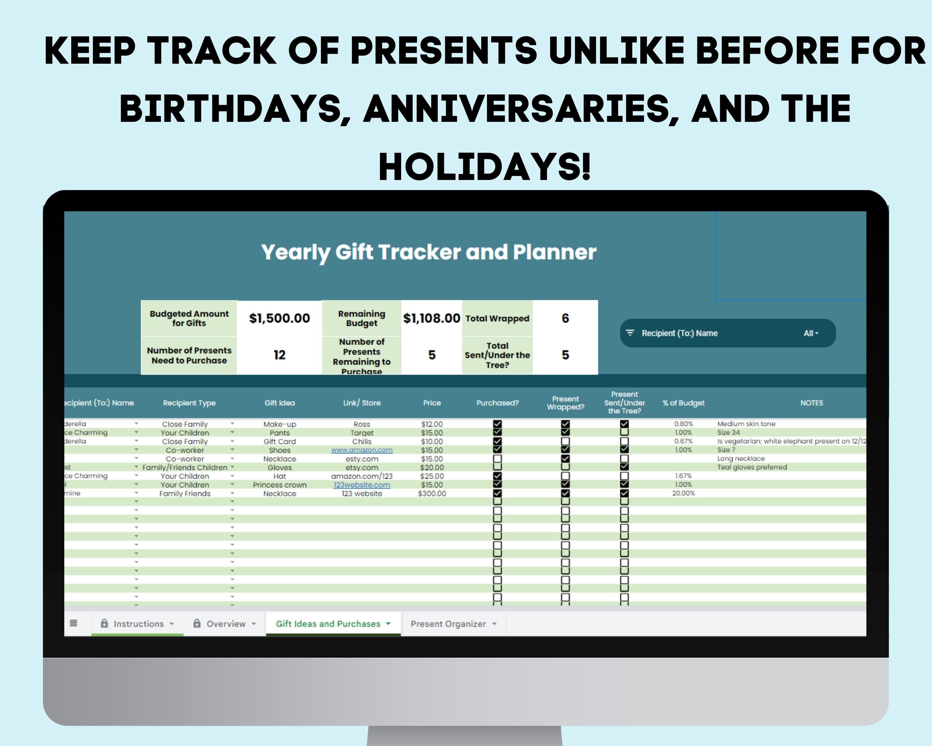 Gift Tracker, Gift Tracker Google Sheets, Christmas Gift Tracker, Gift ...