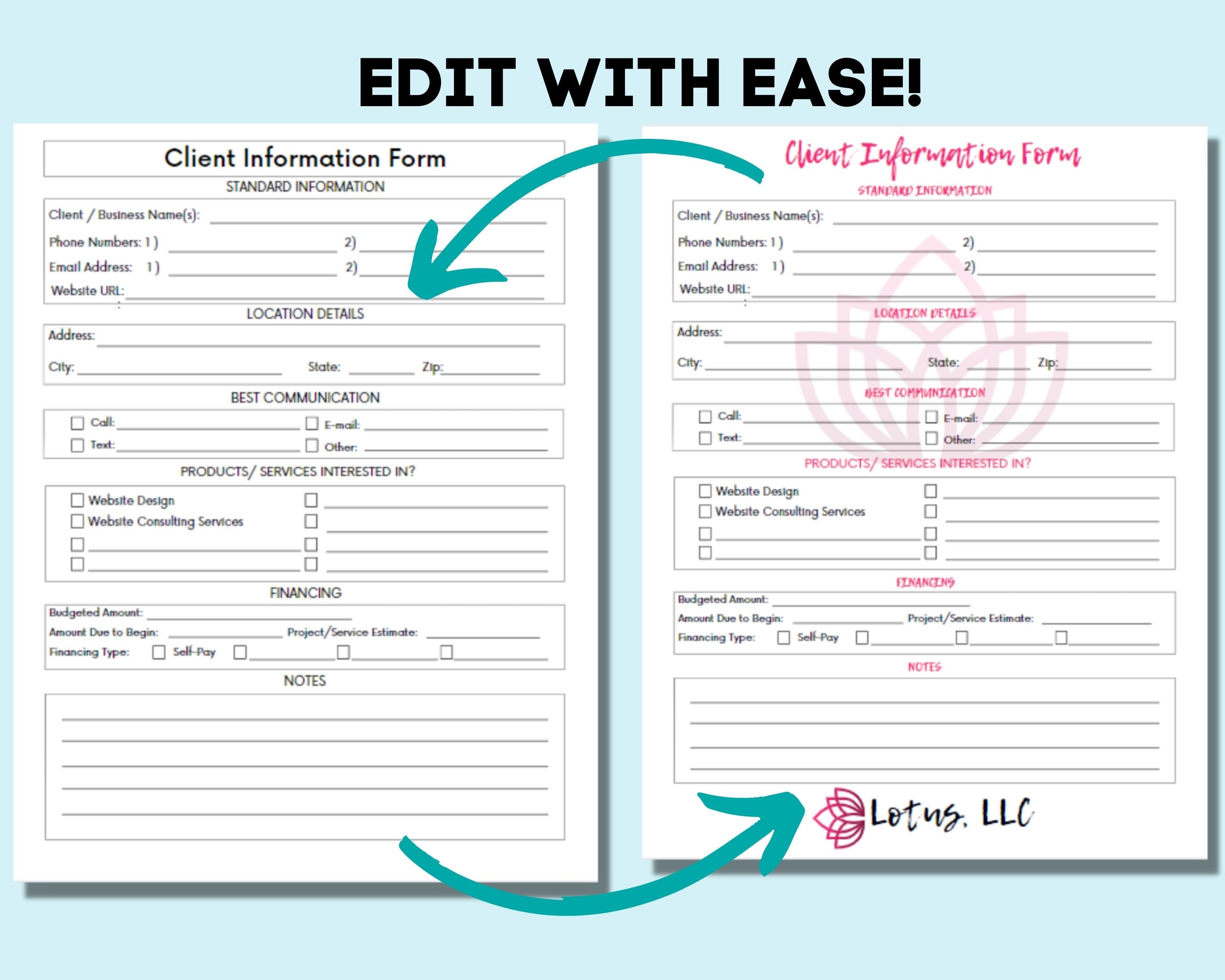 Client Sheet, Client Intake Form, Client Info Excel, Client Contract ...