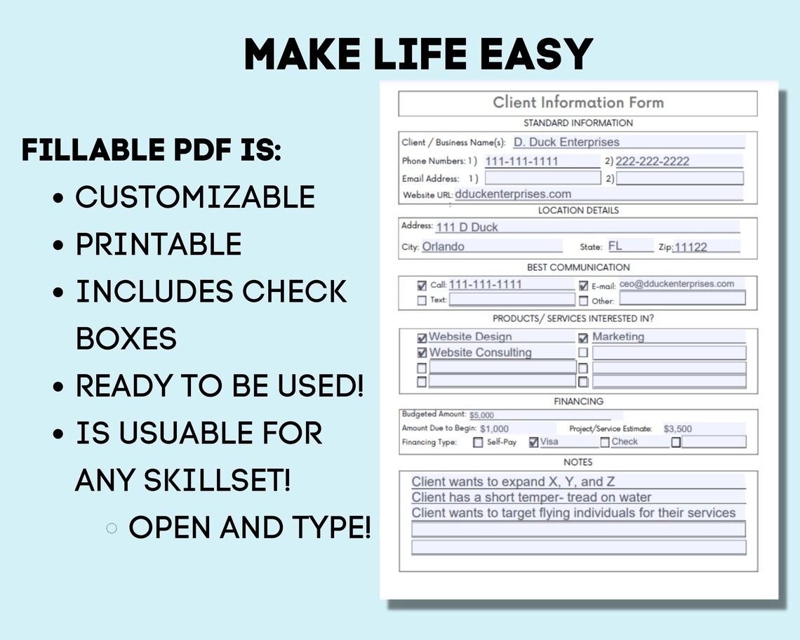 Client Sheet, Client Intake Form, Client Info Excel, Client Contract ...