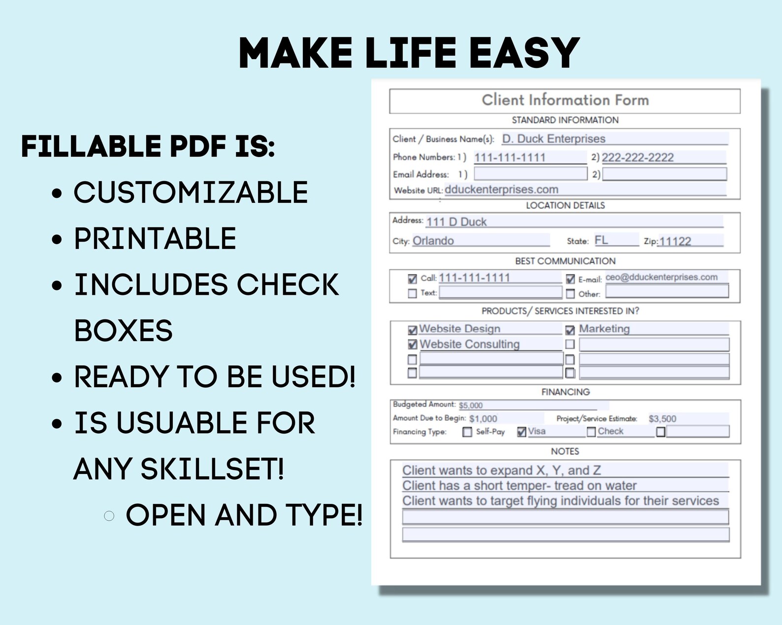 Client Sheet, Client Intake Form, Client Info Excel, Client Contract ...