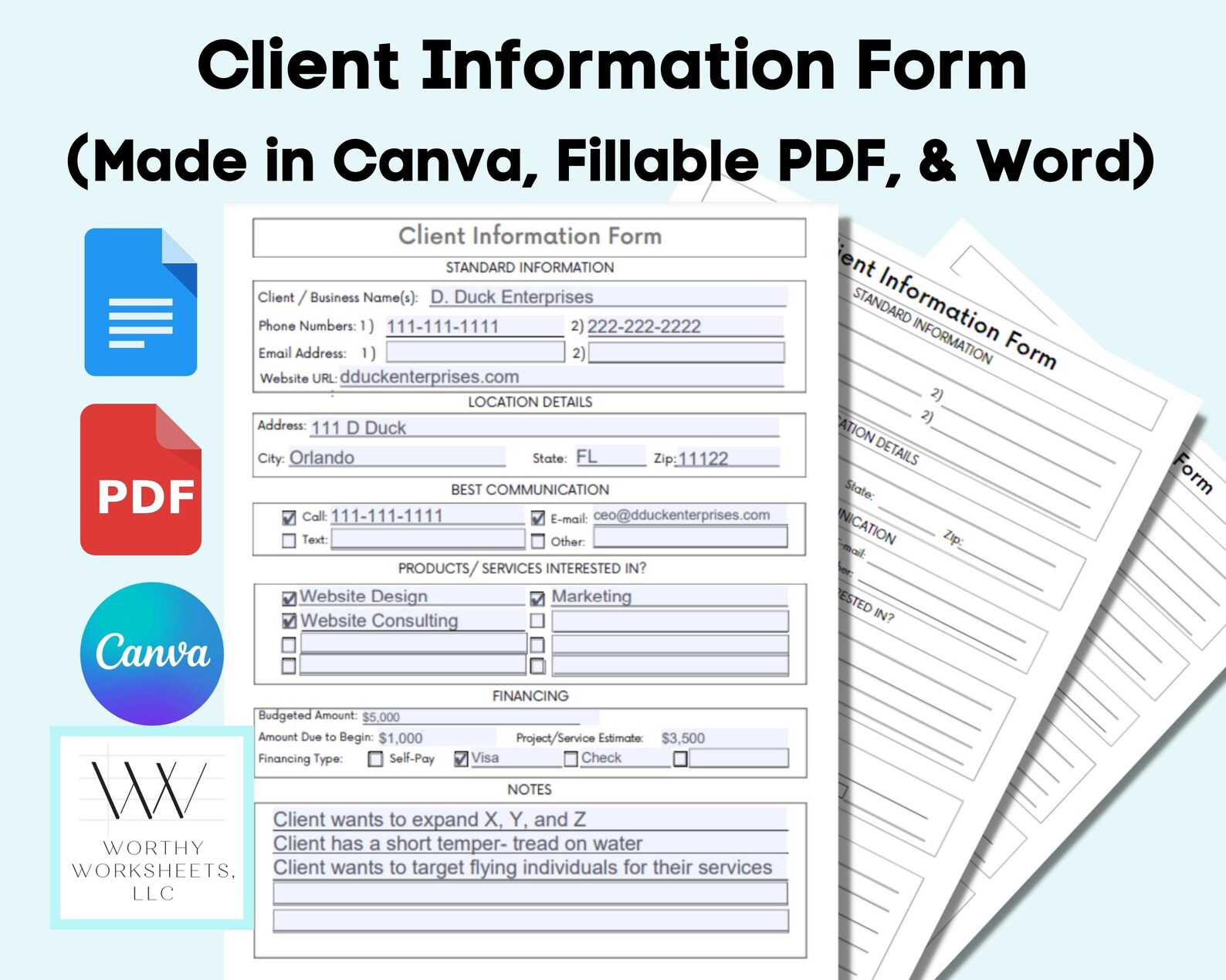 Client Sheet, Client Intake Form, Client Info Excel, Client Contract ...