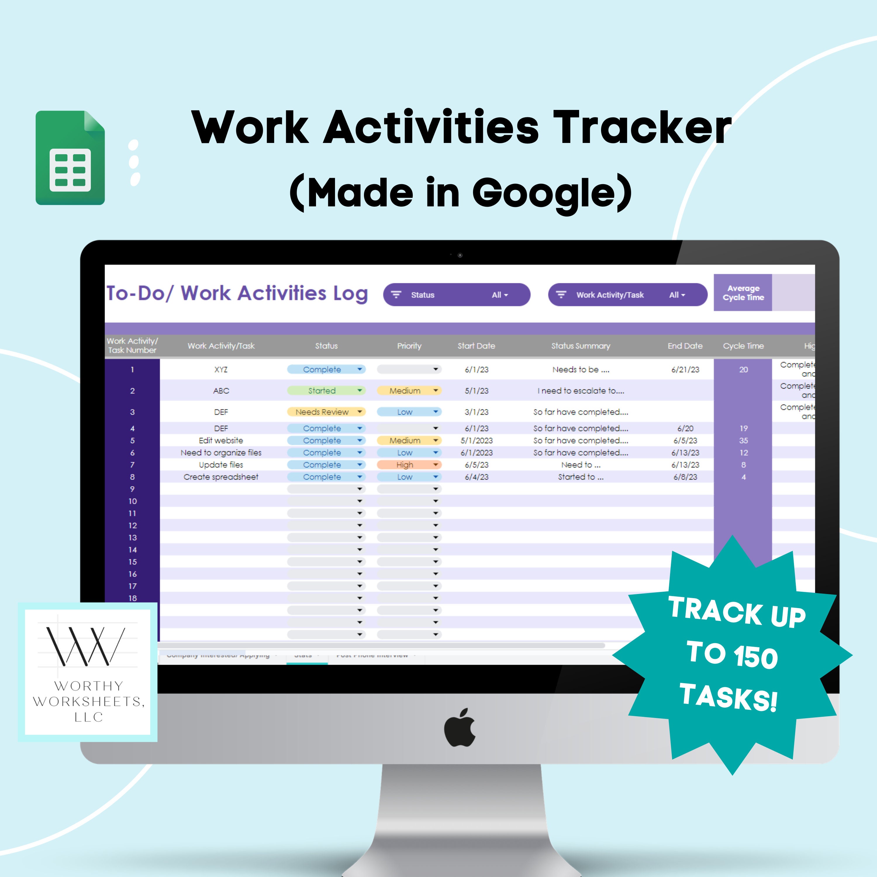 Task Tracker, Project Tracker, Work Log, Work Activities, Google Sheets ...