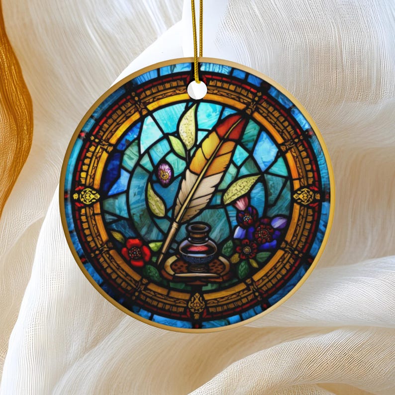 Writing Ornament, Faux Stained Glass Ceramic Christmas Tree Ornament ...