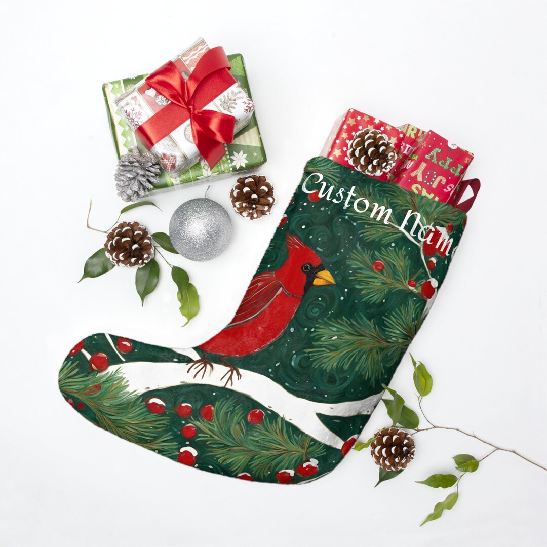 Custom Name Christmas Stockings, Cute Festive Cardinal Red Bird Rustic ...