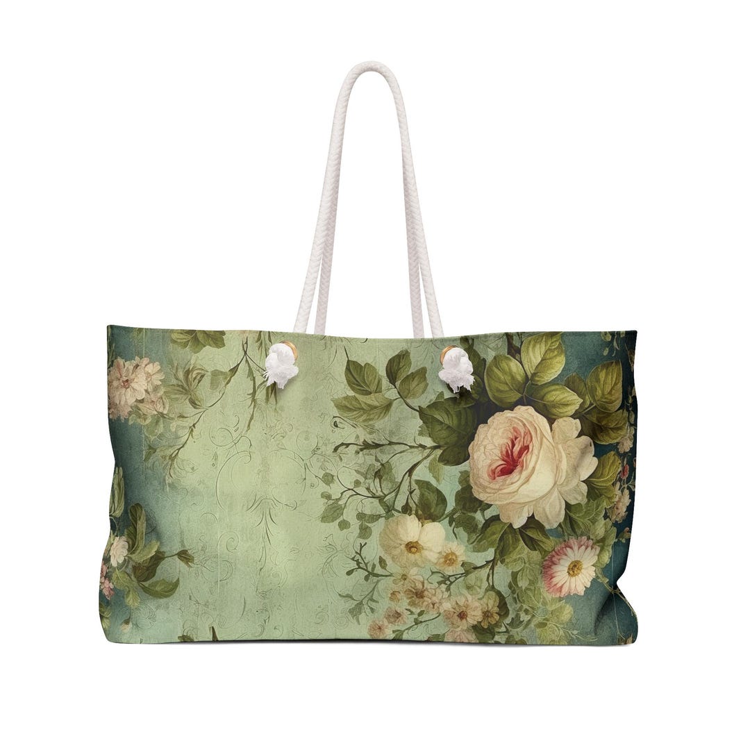 Pink Rose Weekender Bag, Large Oversized Tote Bag, Vintage Botanical ...