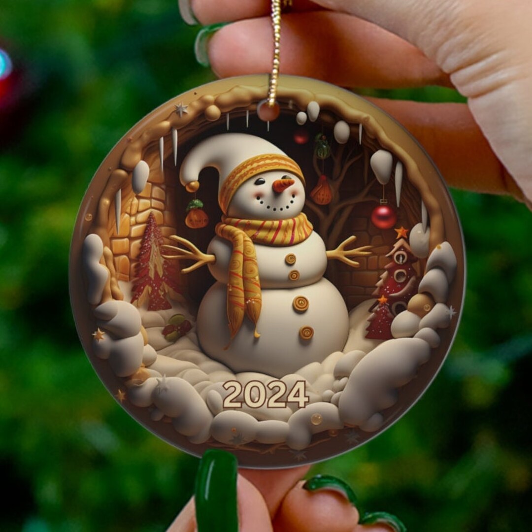 2024 Christmas Ornament, Flat Golden Snowman Christmas Tree Ornament ...