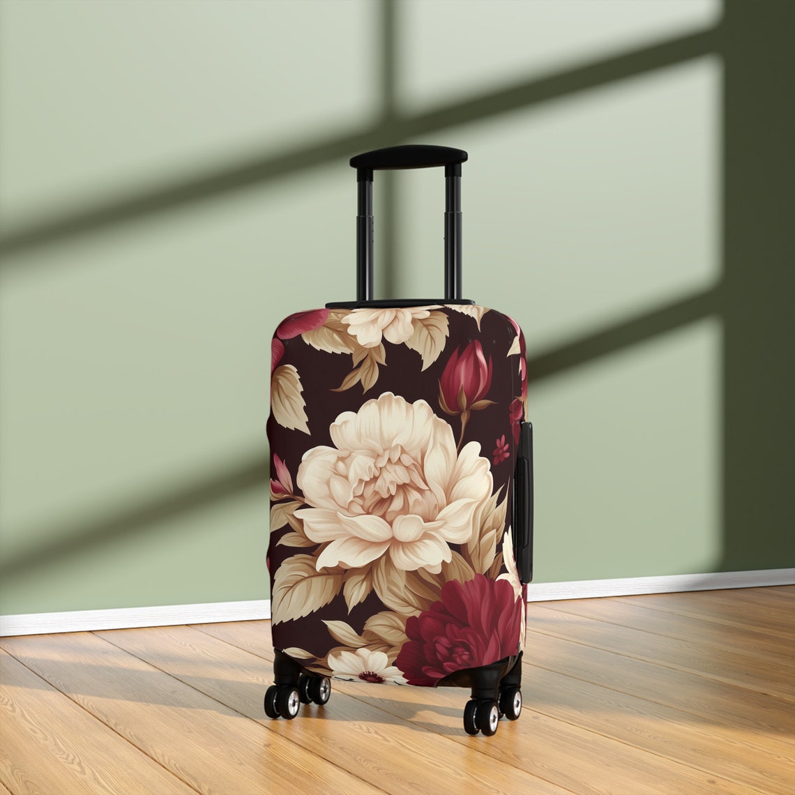 Botanical Floral Maroon Rose Vintage-style Luggage Cover, Pretty Travel ...