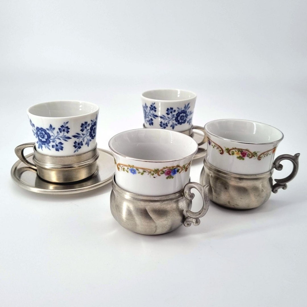 Vintage Demitasse Cups, Porcelain Cups With Tin Holders, Antique Mocca ...