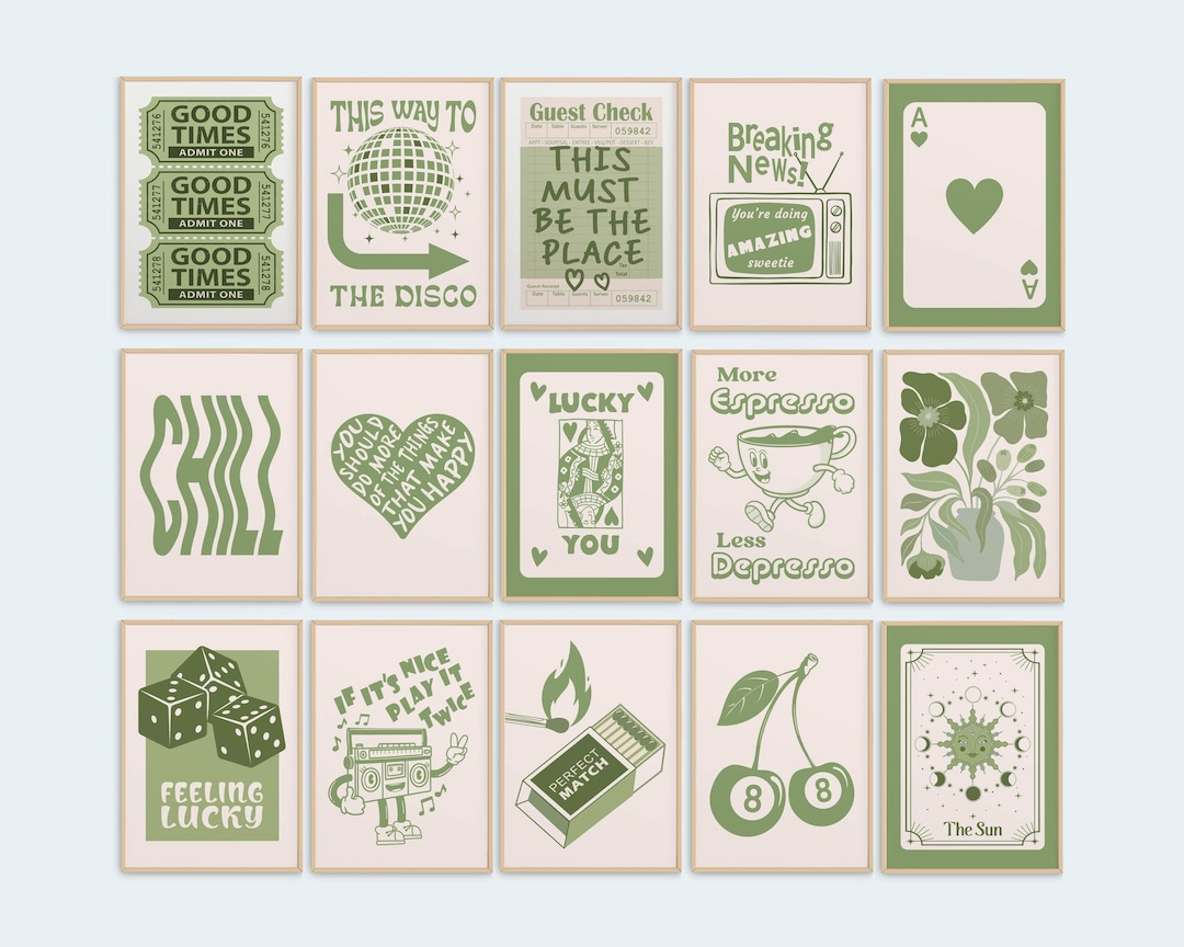 Sage Green Retro Trendy Wall Art Set of 15 Guest Check Print Lucky You ...