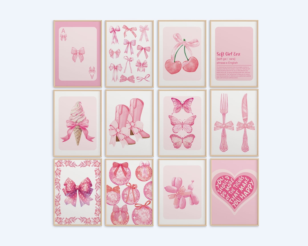 Trendy Pink Bows Set of 12 Wall Art Preppy Coquette Room Decor Bow ...