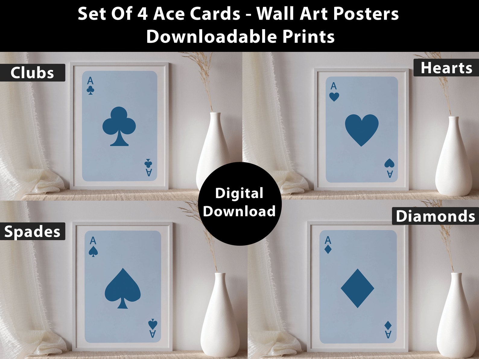 SET OF 4 Ace Card, BLUE Playing Card Poster, Trendy Wall Art, Fun ...