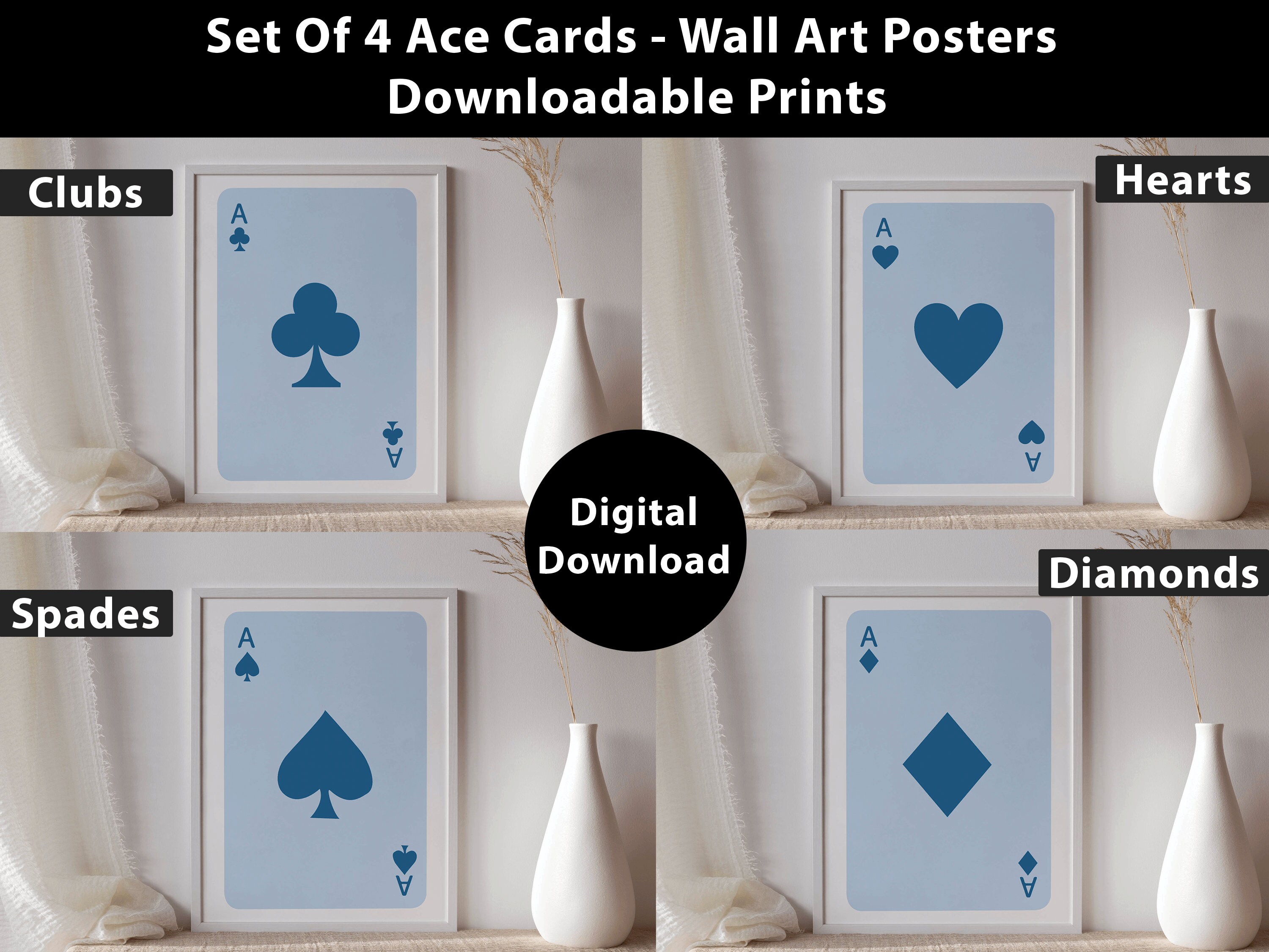 SET OF 4 Ace Card BLUE Playing Card Poster Trendy Wall Art - Etsy