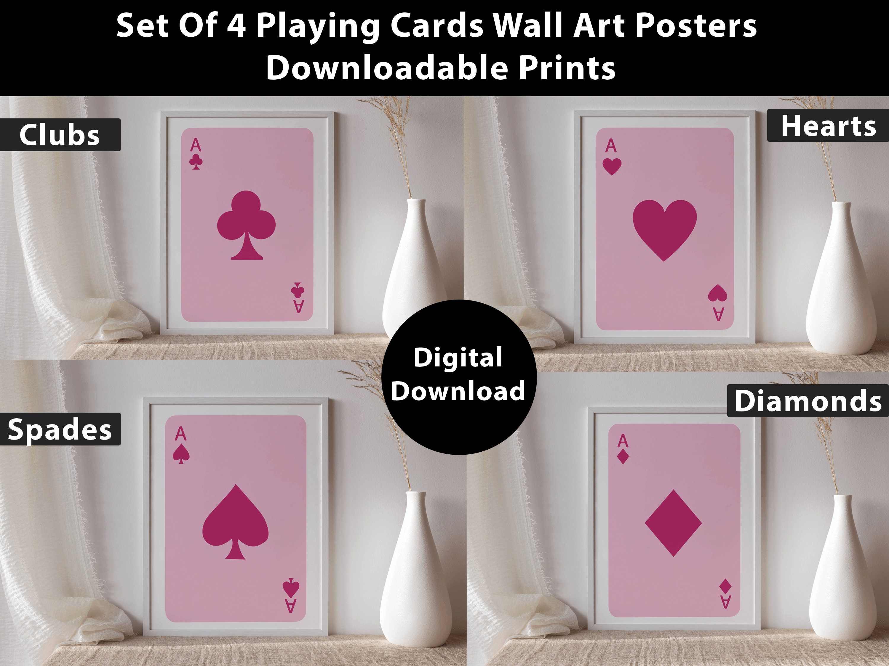 SET OF 4 Ace Card PINK Playing Card Poster Trendy Wall Art - Etsy