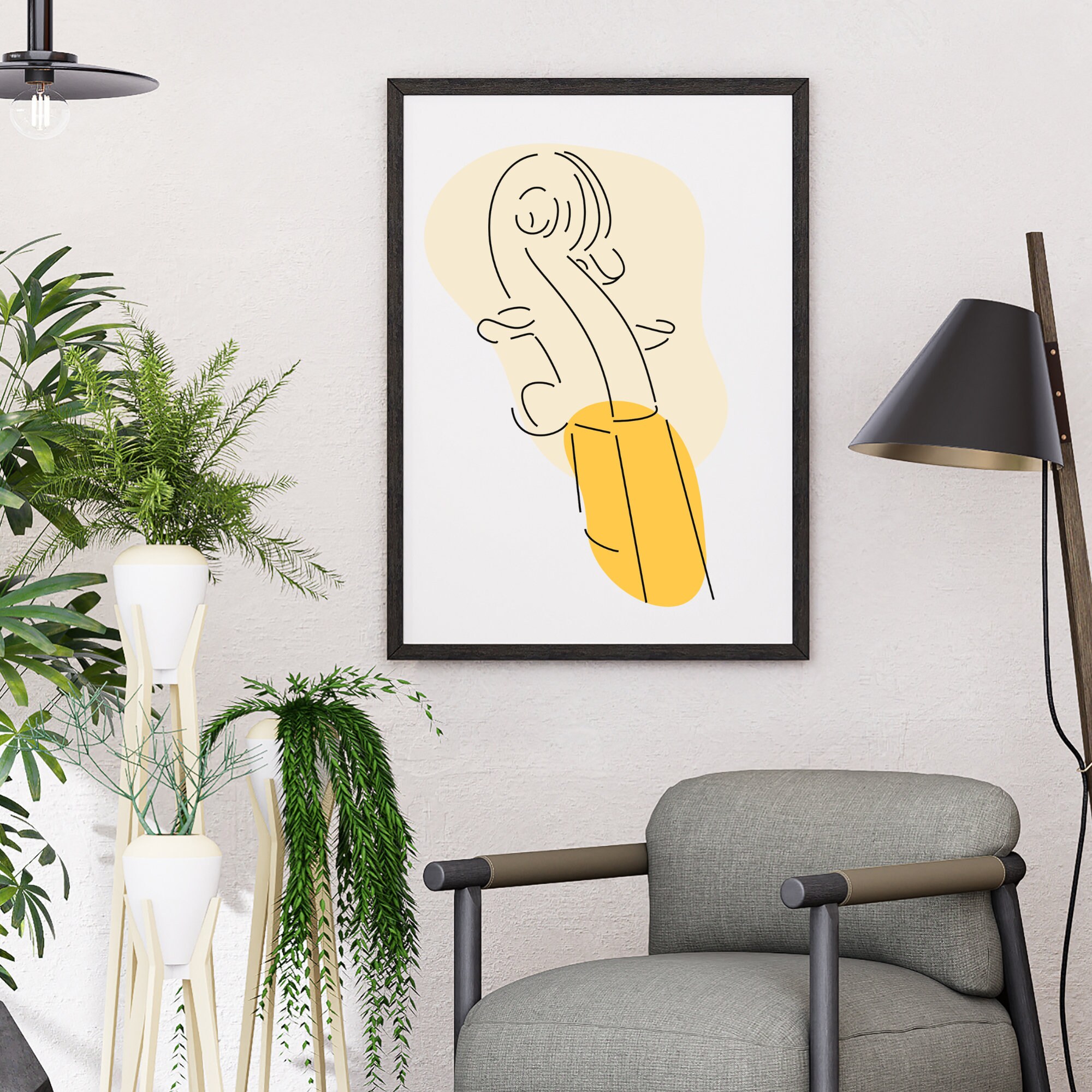 Cello Cello Scroll Line Drawing Wall Art Musical Instrument Yellow ...