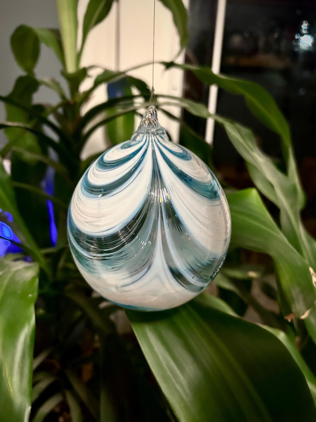 Handblown Glass Ornament - Feathered Light Blue & White Ornament ...