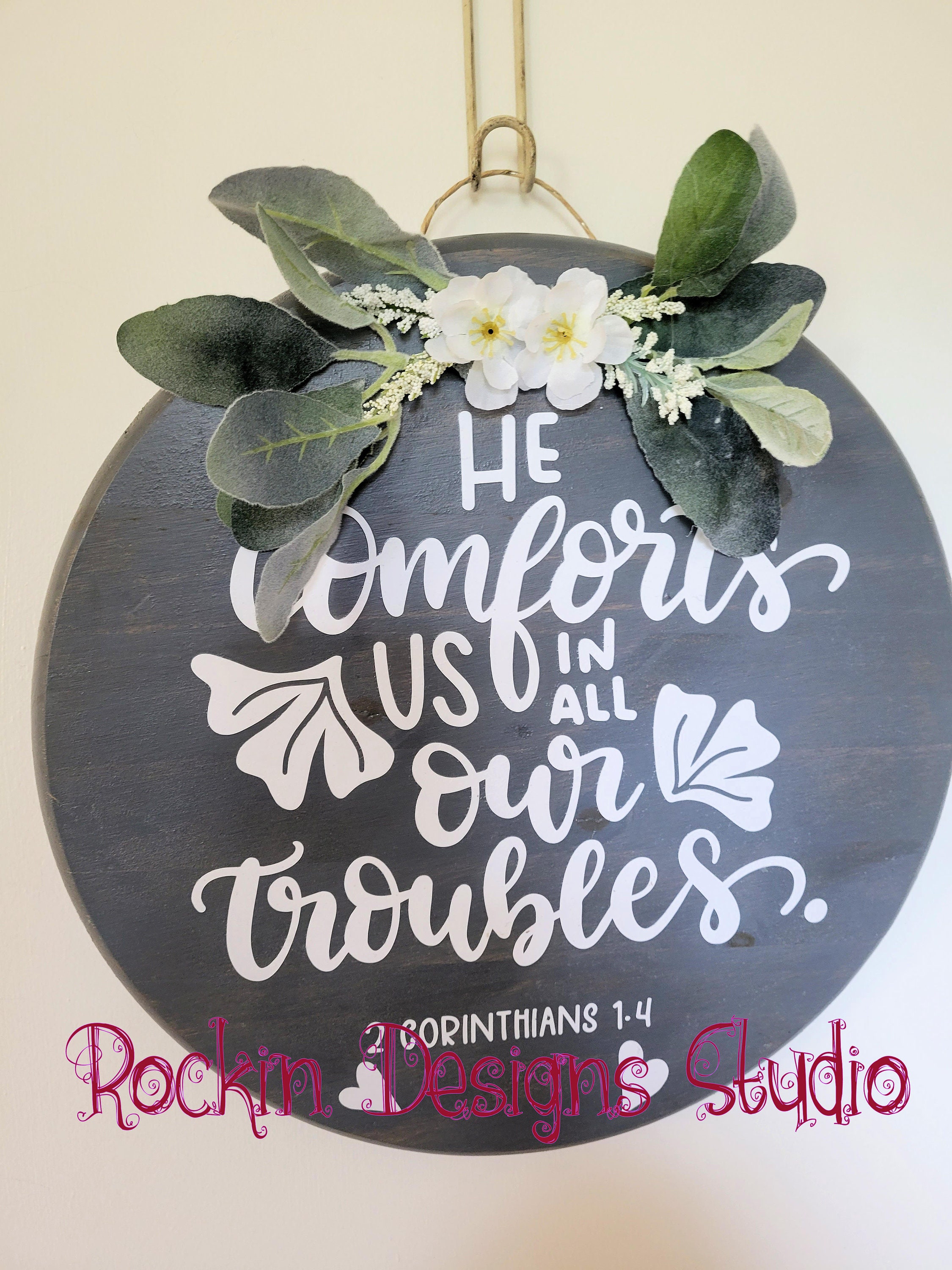 Gray Stained 14" Wood Round With Bible Verse Door Hanger/ Year Round ...