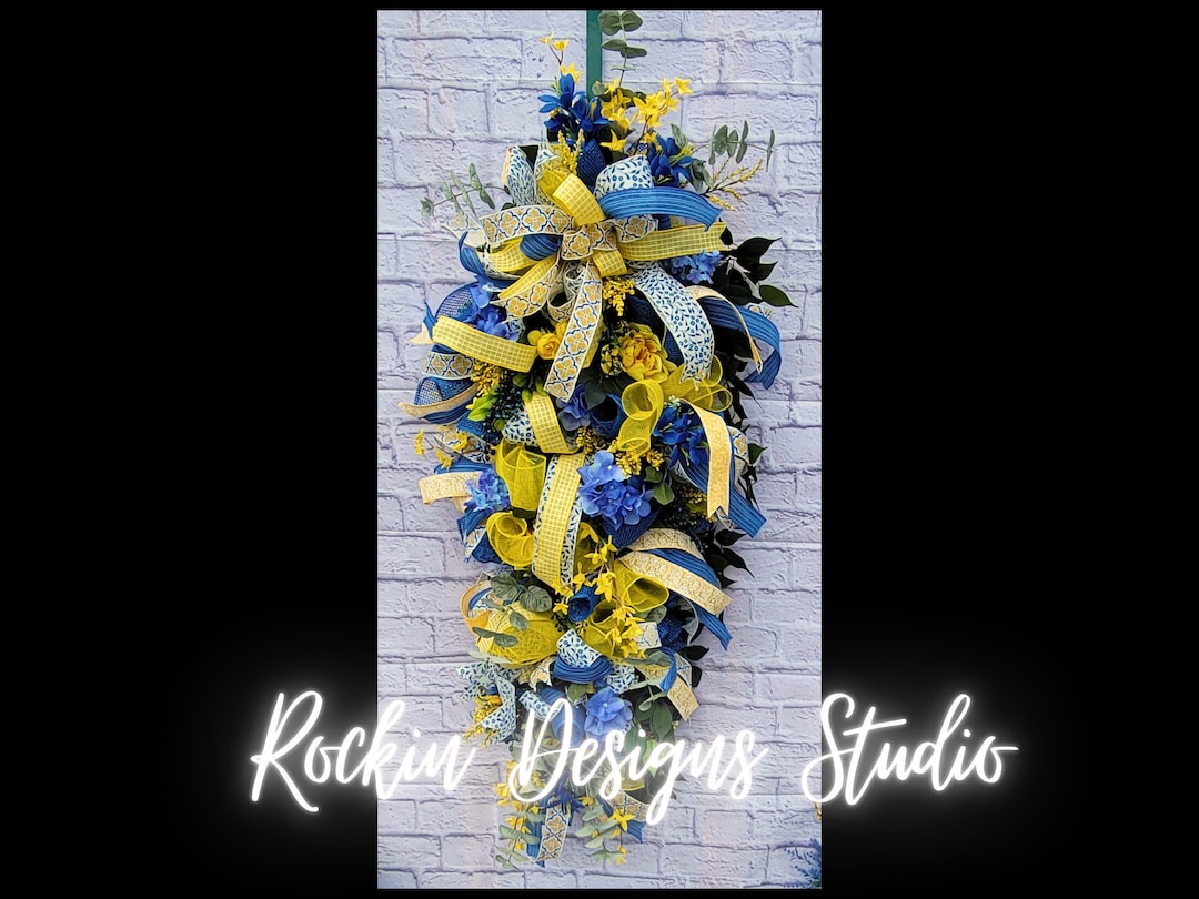 Extra Large SWAG Made With Mesh and Ribbon / Blue and Yellow Swag ...