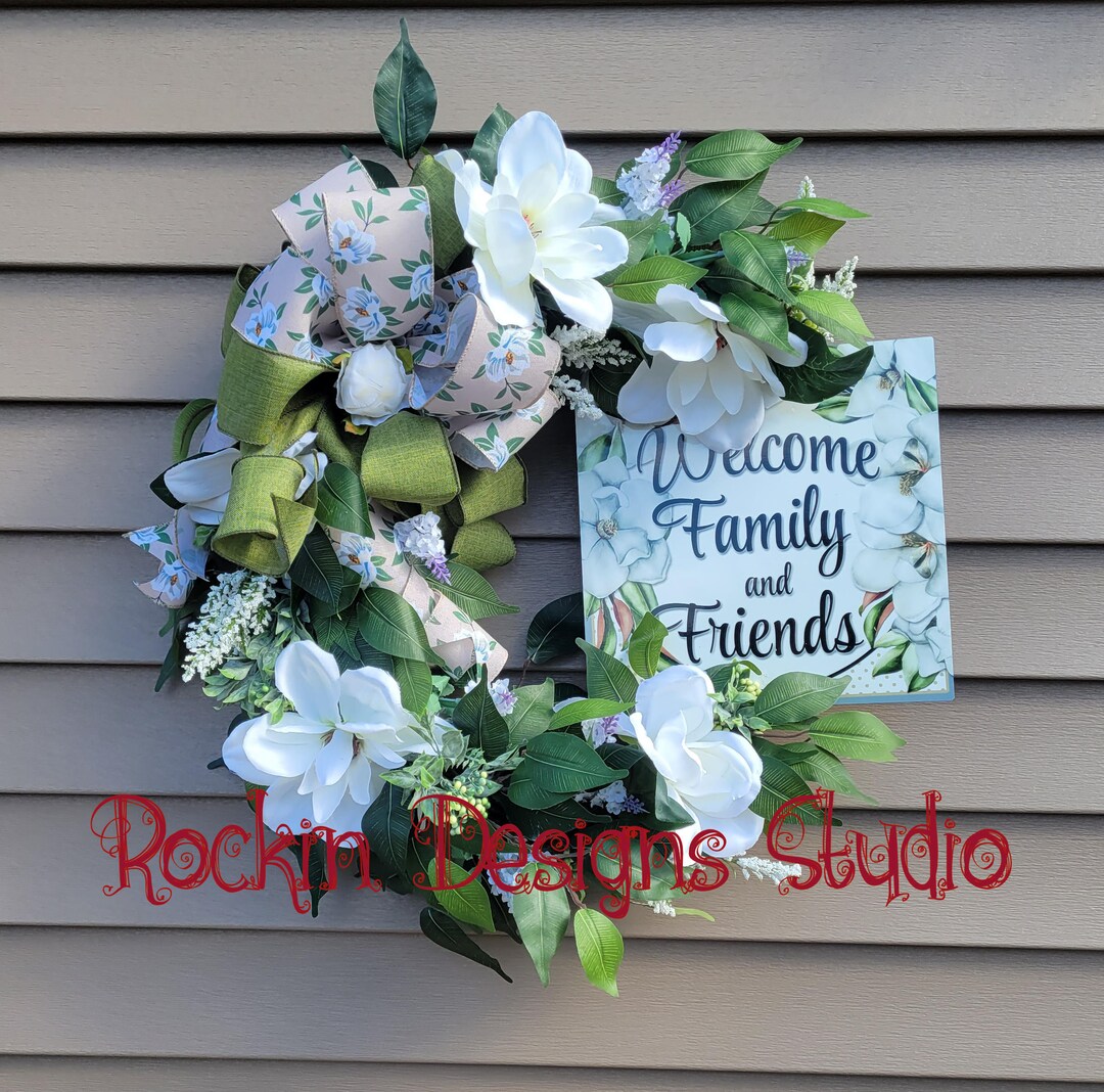 Spring or Summer Wreath With Metal Magnolia Welcome Sign/front Door ...
