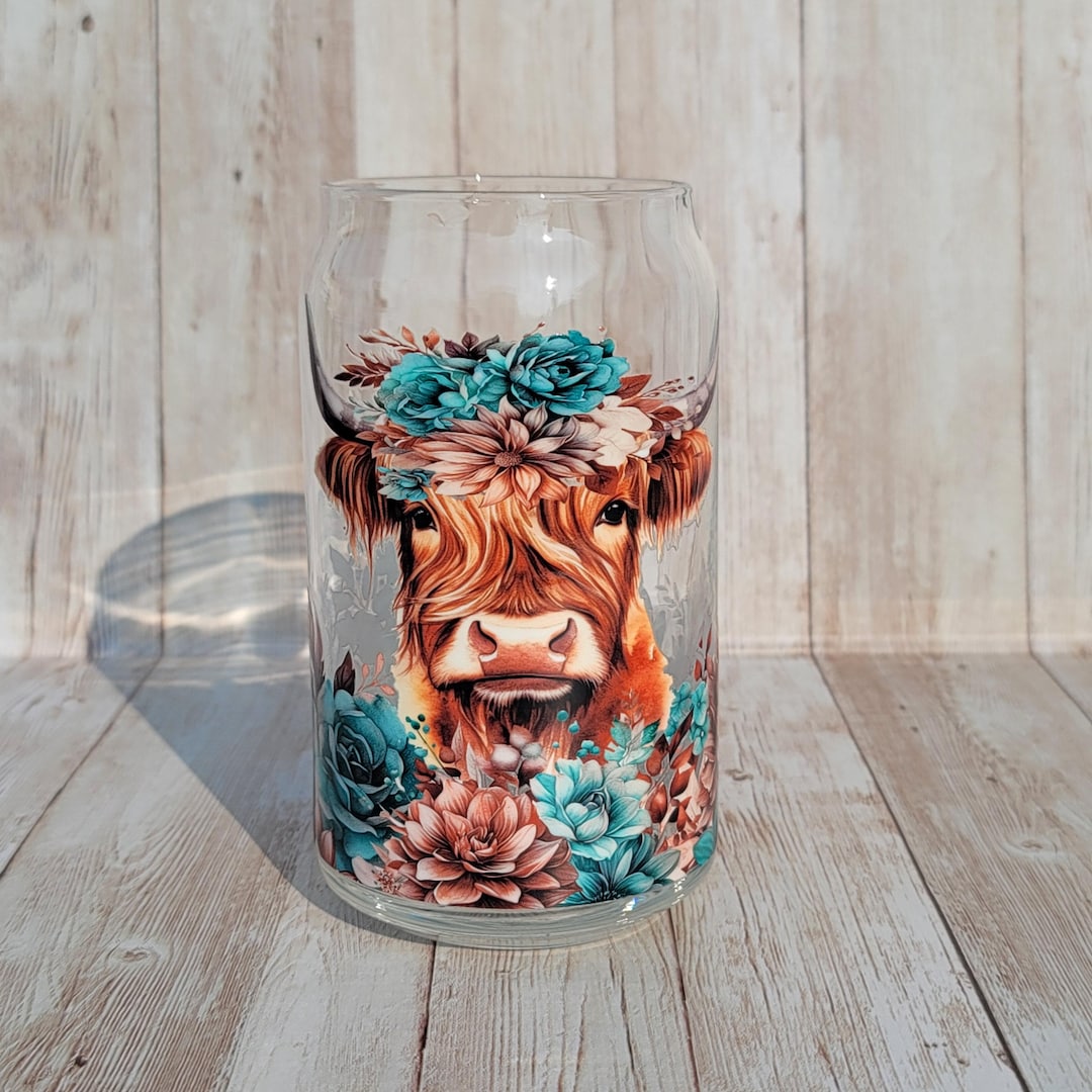 Highland Cow Glass Cup With Bamboo Lid & Straw | Floral Cow Lover Gift ...