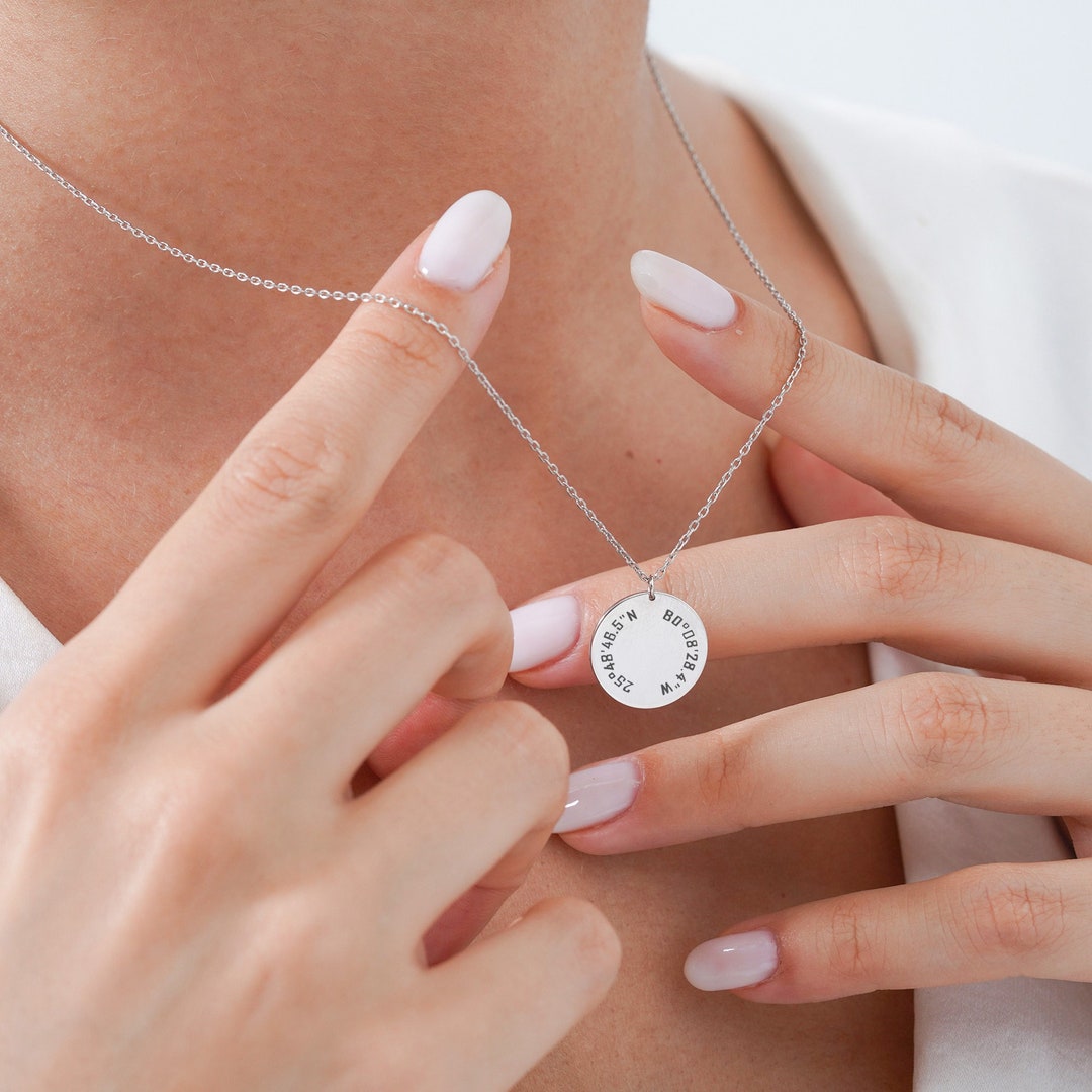 Coordinate Necklace, 925 Sterling Silver Latitude Longitude Necklace ...