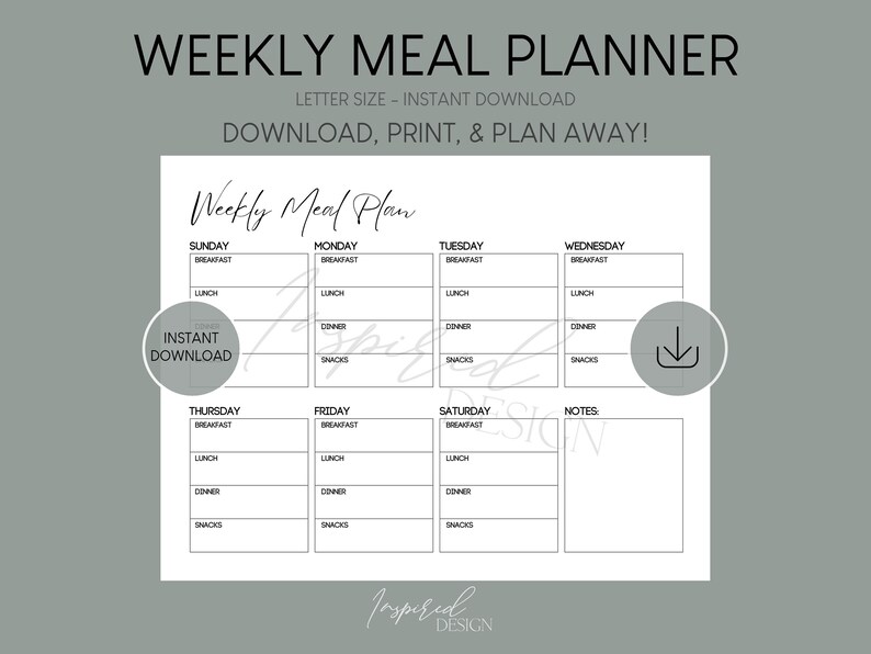Printable Weekly Meal Plan, Meal Tracker, Food Journal, Meal Prep ...
