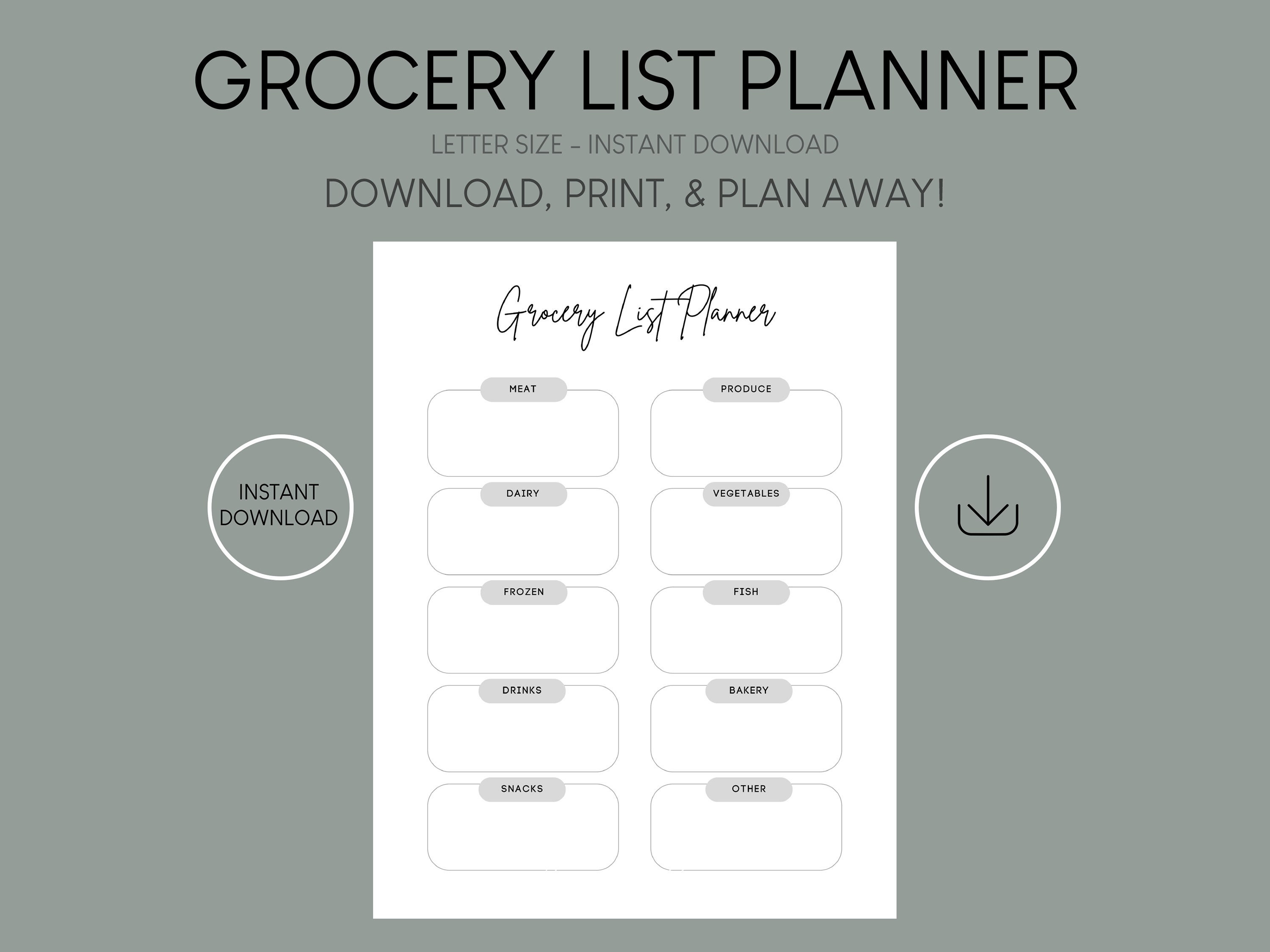 Printable Grocery List Planner, Meal Tracker, Food Journal, Meal Prep ...