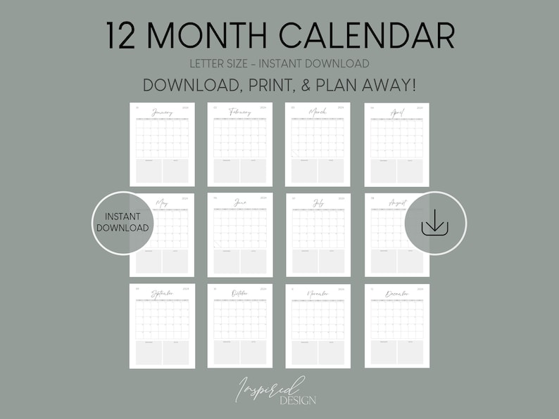 Printable Blank Yearly Calendar 12 Months, Routine, Goals, Organized ...