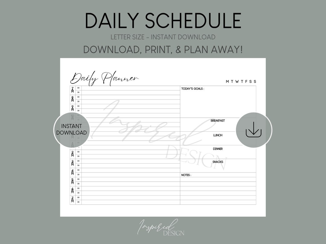 Printable 12 Hour Daily Schedule, Routine, Goals, Meal Plan, Organized ...