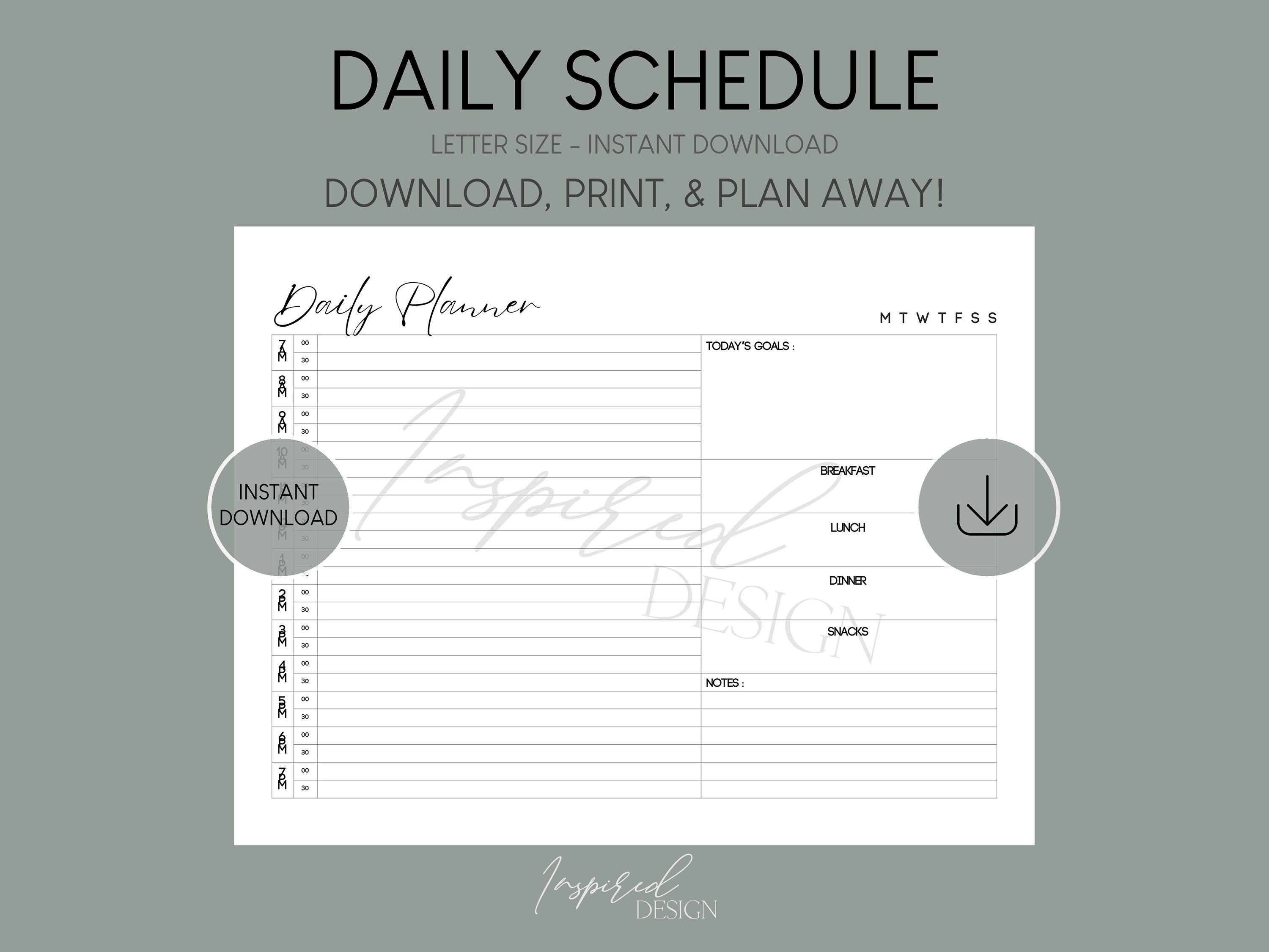Printable 12 Hour Daily Schedule, Routine, Goals, Meal Plan, Organized ...