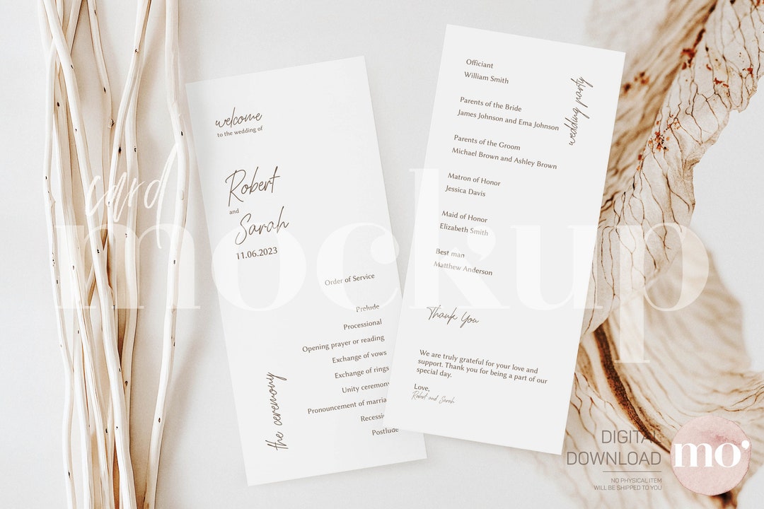 Wedding Program Mockup, Styled Card Mockup, Minimalist Boho Wedding ...