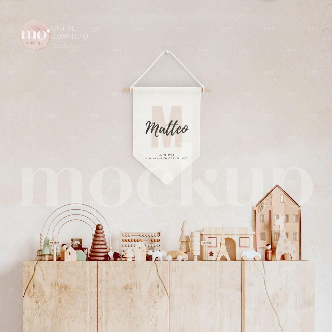 Neutral Boho Pennant Banner Mockup PSD, 195x285mm Kids Room Nursery ...