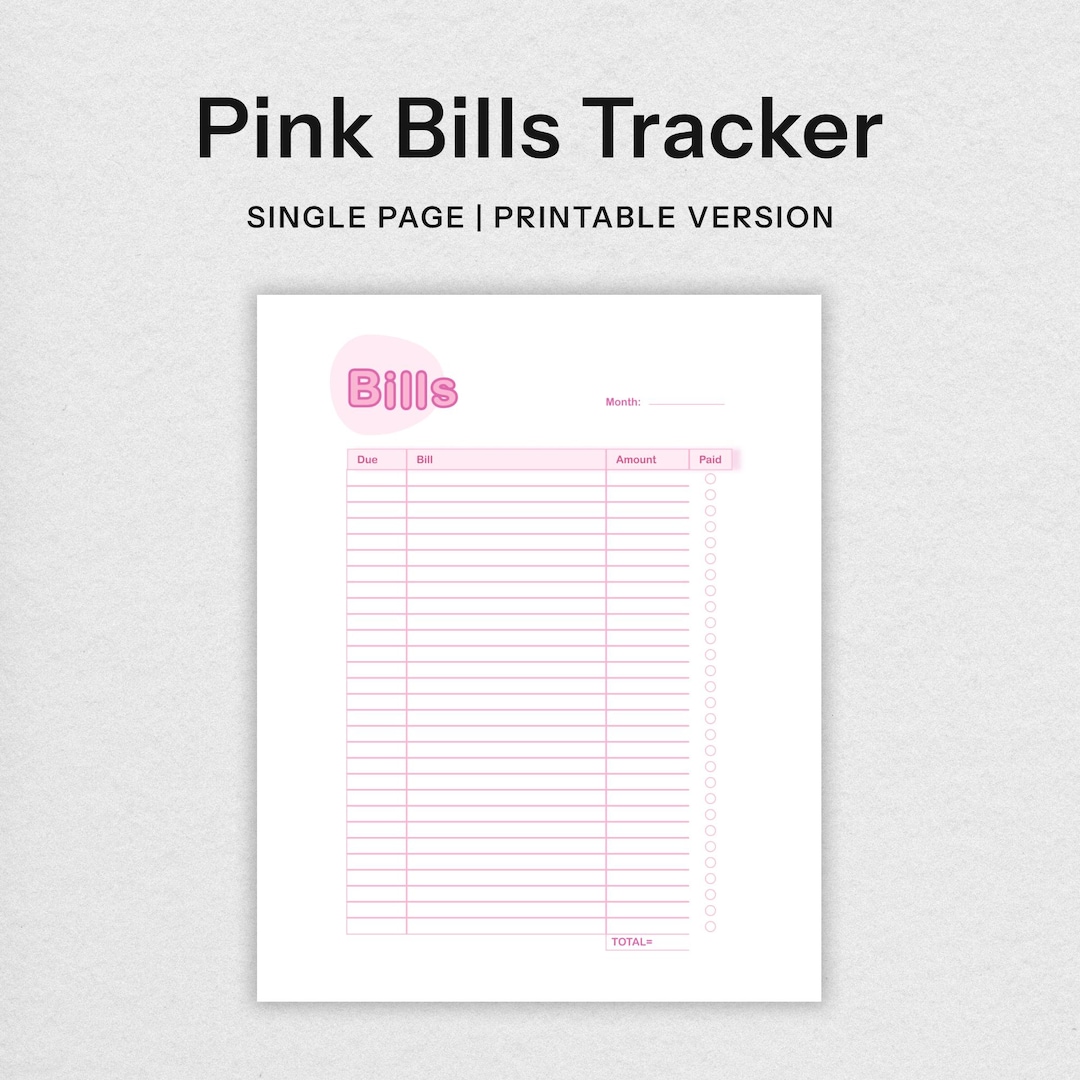 Printable Pink Bills Tracker | Monthly Bill Organizer | Minimalist ...