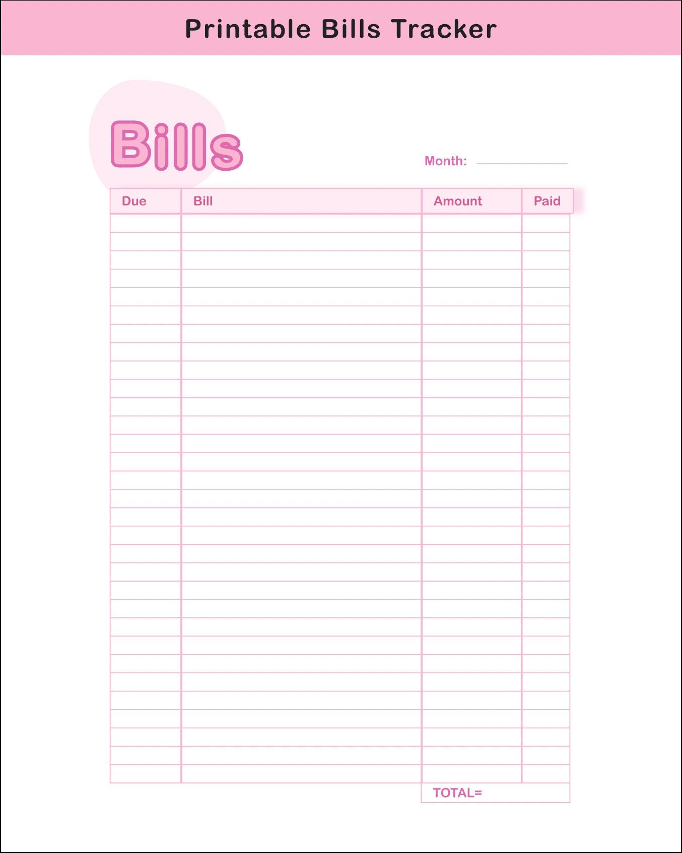 Printable Pink Bills Tracker - Etsy