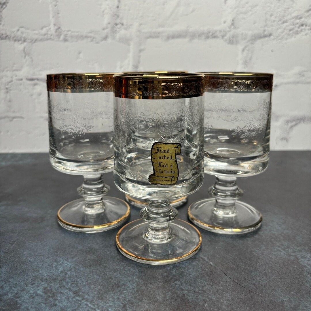 Set of 4 Murano Crystal Medici Wine Water Glasses Gold Rim Etched Made ...