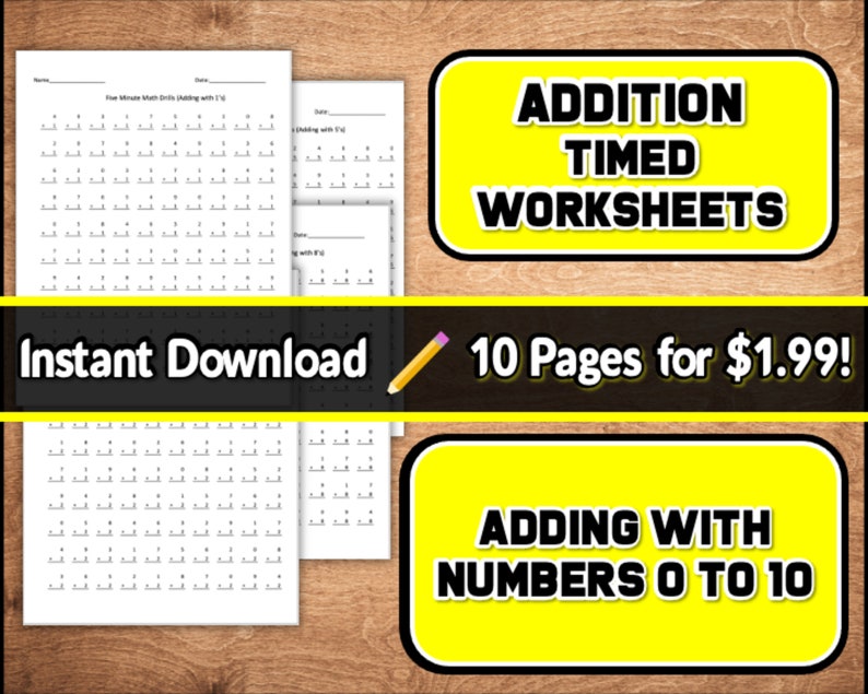 Addition Five Minute Math Drills Worksheets (adding With 1 to 10 ...