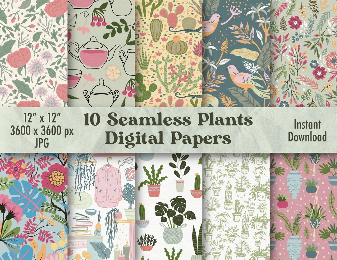 10 Plants Seamless Digital Papers: Botanical Scrapbook Paper, Hygge ...