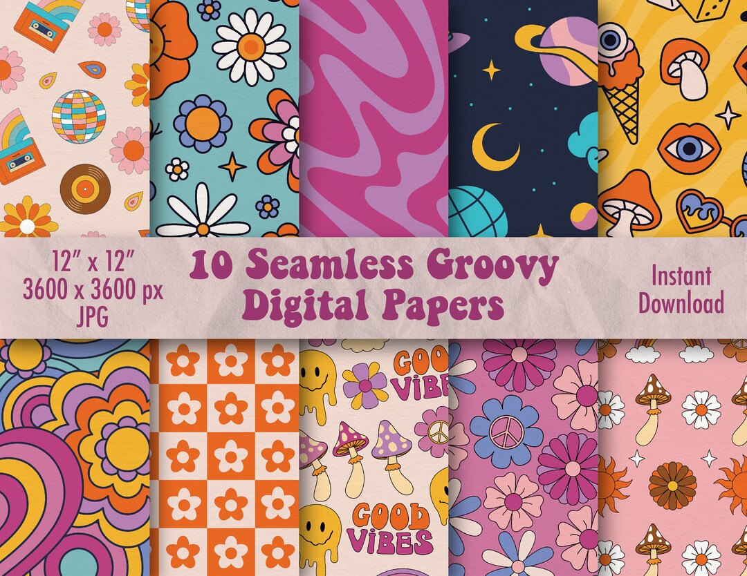 10 Groovy Seamless Digital Papers: Psychedelic Scrapbook Paper, Retro ...