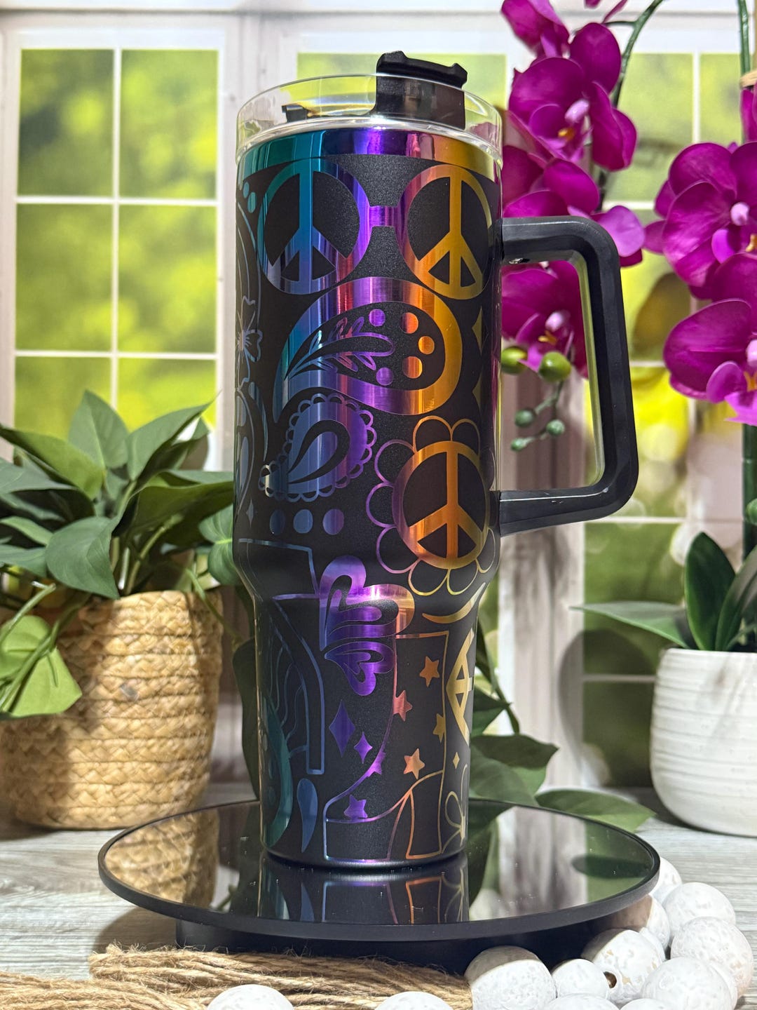Groovy Retro 70's Laser Engraved 40oz Black Rainbow Seamless Non ...