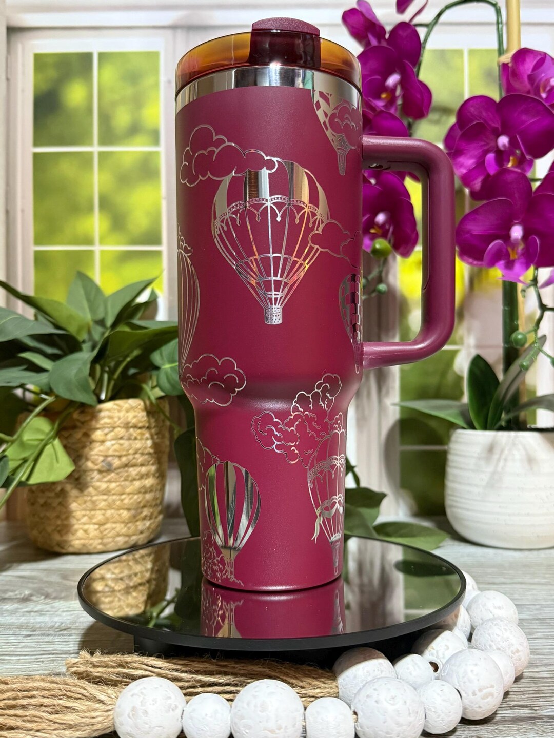 Hot Air Balloons Laser Engraved 40oz Cranberry Chrome Non Branded ...