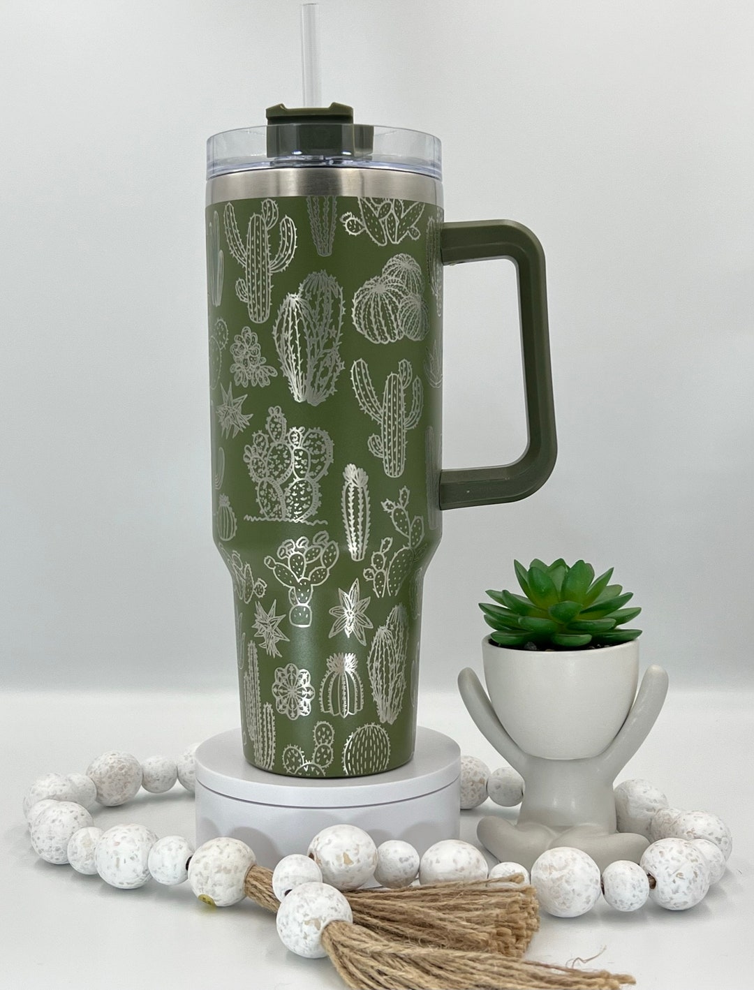Cute Cactus Laser Engraved 40oz Tumbler With Handle Lid and Straw ...