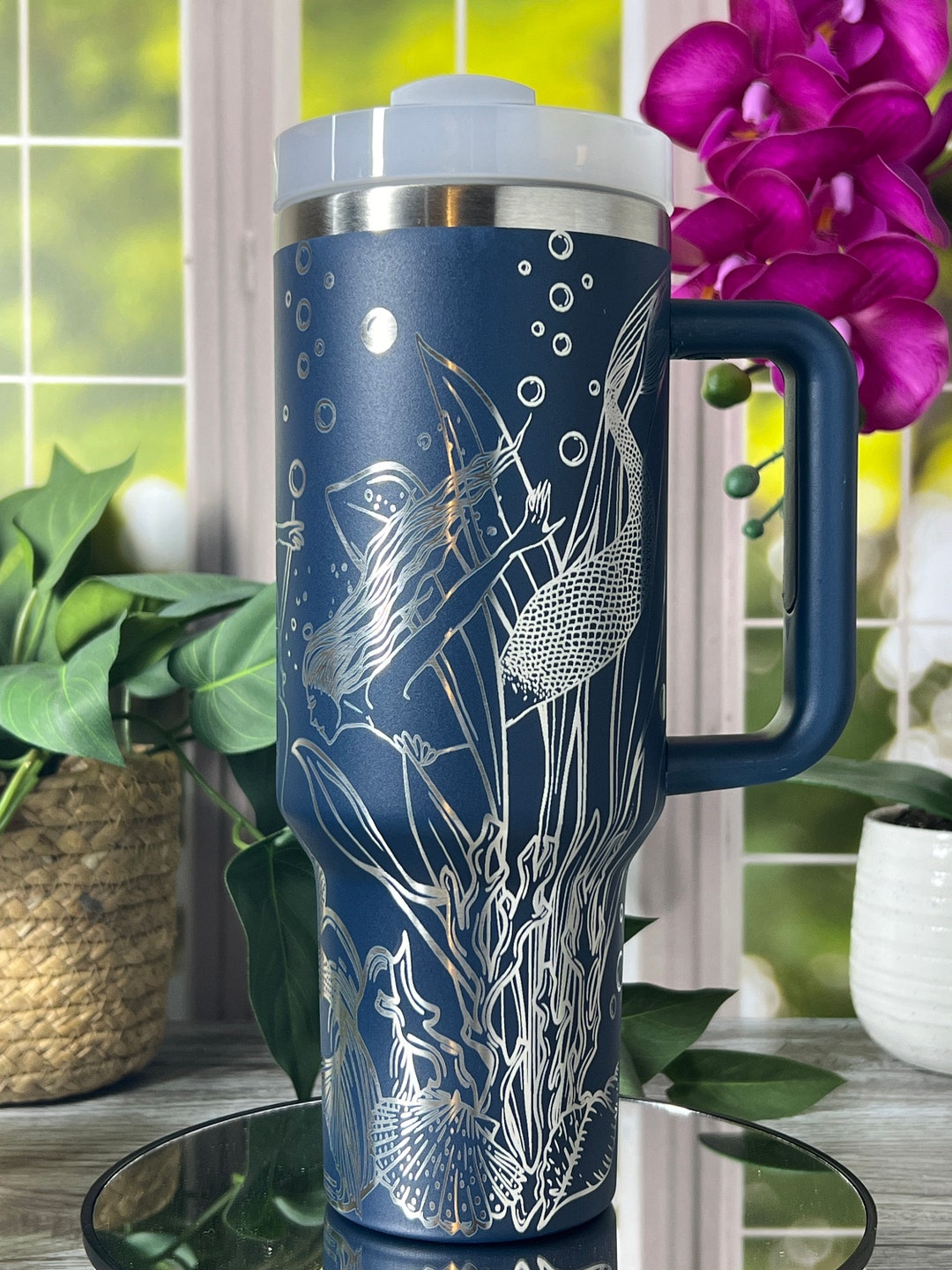 Mermaids Laser Engraved 40oz Tumbler With Handle Lid and Straw, Custom ...