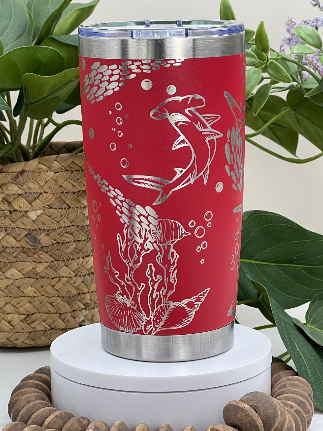 Sharks Ocean Scene Laser Engraved Custom Seamless 20oz Red Non Branded ...