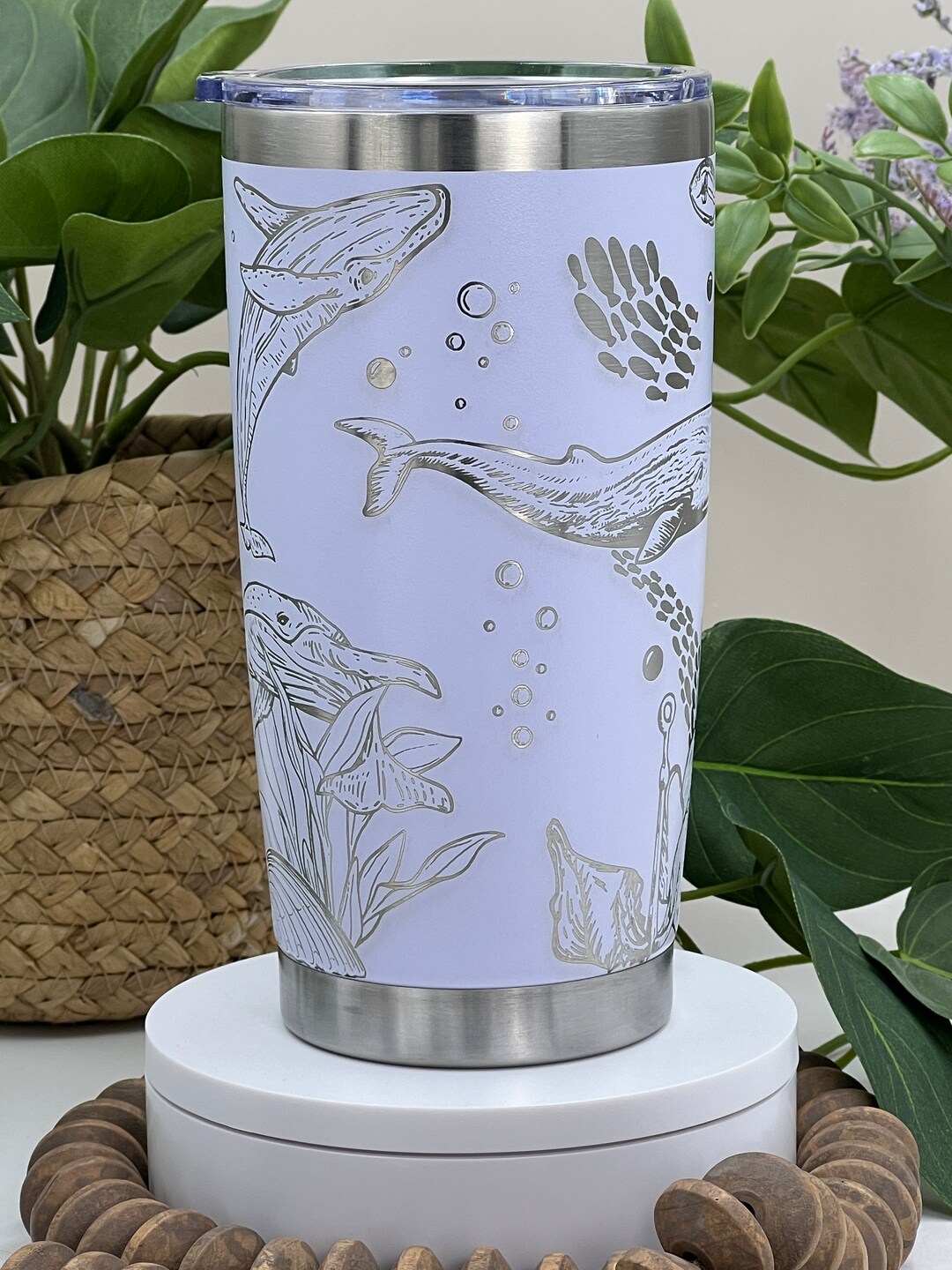 Whales Ocean Scene Laser Engraved Custom Seamless 20oz Light Gray Non ...