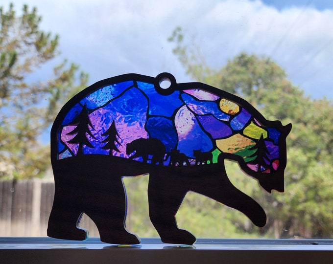 Mama Bear Sun Catcher, Wooden Bear and Cubs, Faux Stained Glass ...