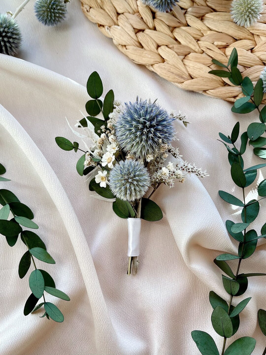 Dried Blue Thistle & Eucalyptus Buttonhole/ Rustic Dried Flower ...